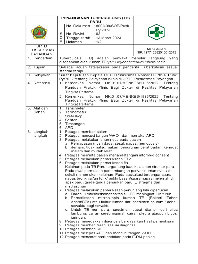 Sop Penanganan Tuberkulosis Tb Paru Pdf