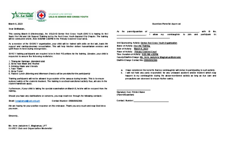 RCY Training Waiver and Letter To Parents | PDF