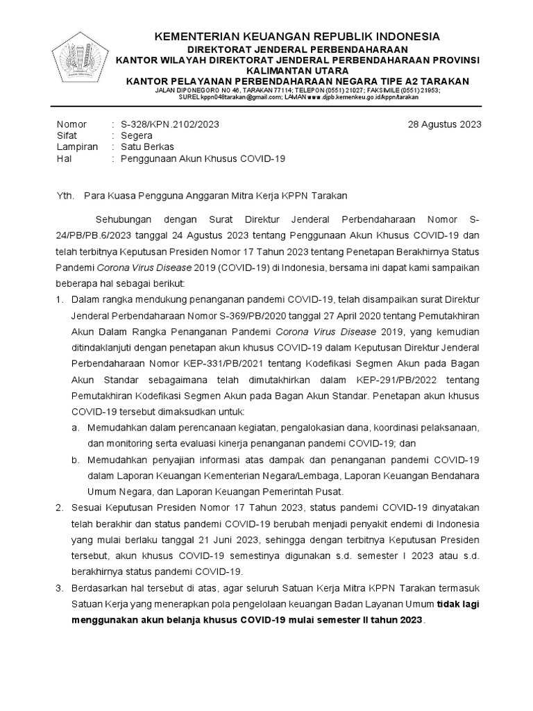 S-328 - KPN.2102 - 2023 Penghentian Penggunaan Akun Khusus COVID-19 | PDF