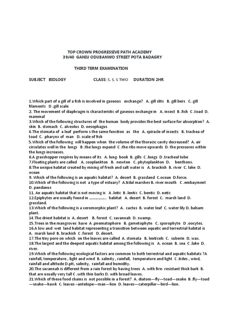 Biology SS2 Third Term Exam | PDF | Gill | Habitat