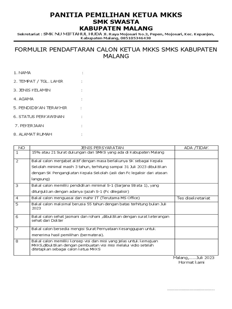 Formulir Pendaftaran Calon Ketua MKKS | PDF