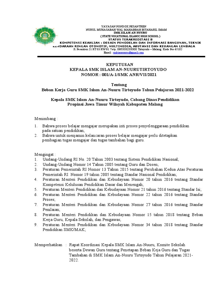 SK Beban Mengajar Dan Tugas Tambahan Smki Anr 20-21 | PDF