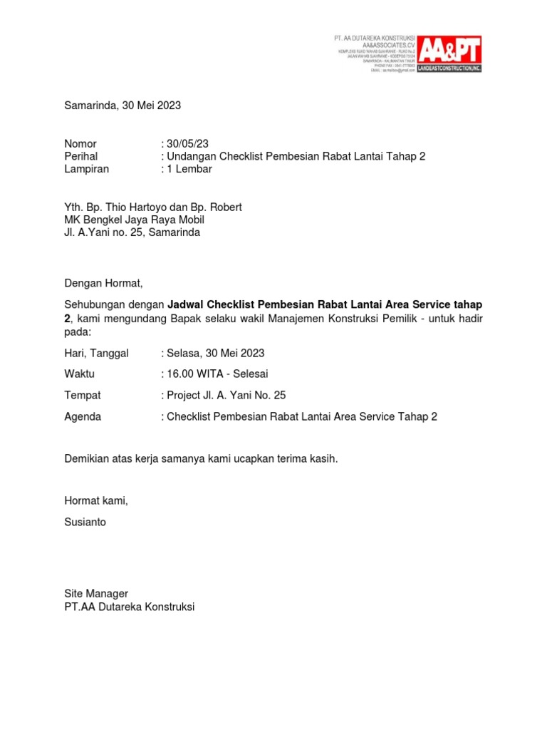 UNDANGAN Checklist Pembesian Rabat Lantai Tahap 2 (30 Mei 2023) | PDF