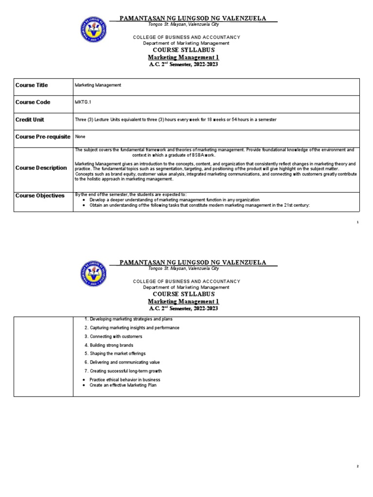MKTG. 1 Marketing Management OBE Syllabus 2021 2022 1 | PDF MKTG. 1 Marketing Management OBE Syllabus 2021 2022 1 | PDF