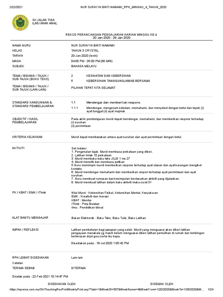 Pemulihan BM - RPH - MINGGU - 4 - TAHUN - 2020 | PDF