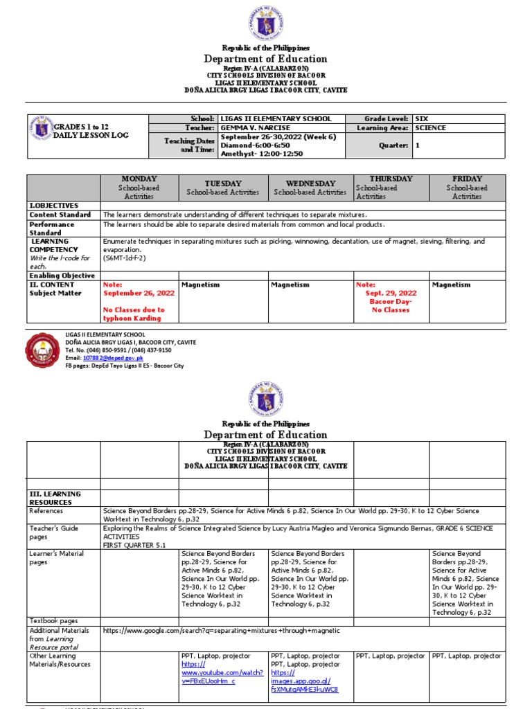 DLL - Science 6 - Q1 - W6 | PDF