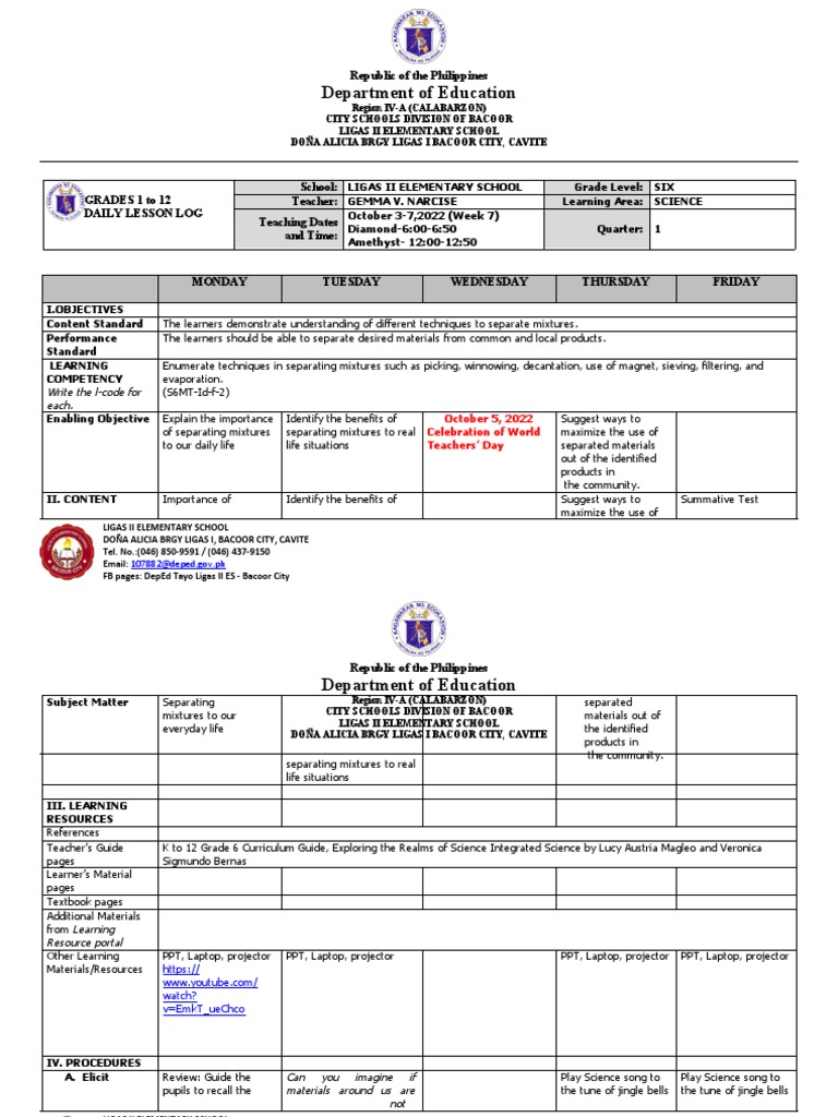 DLL - Science 6 - Q1 - W7 | PDF