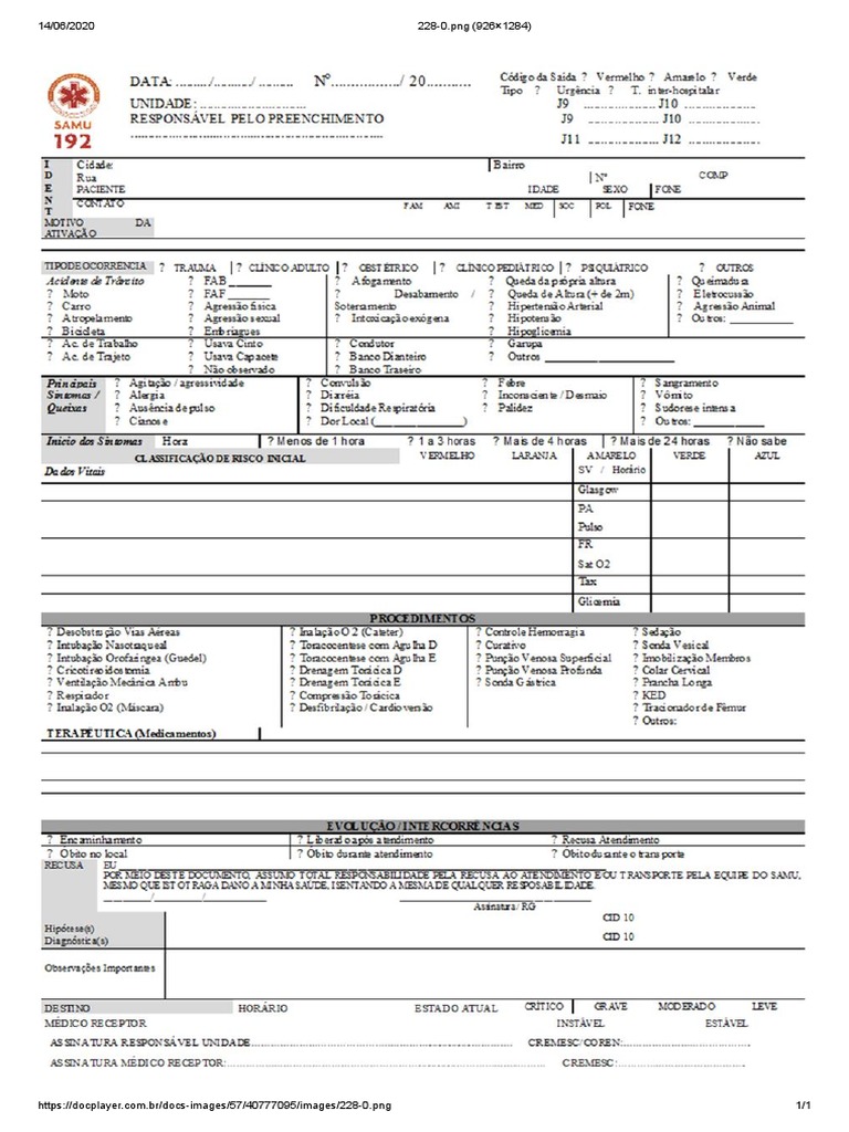 Ficha de Atendimento Samu 192 | PDF