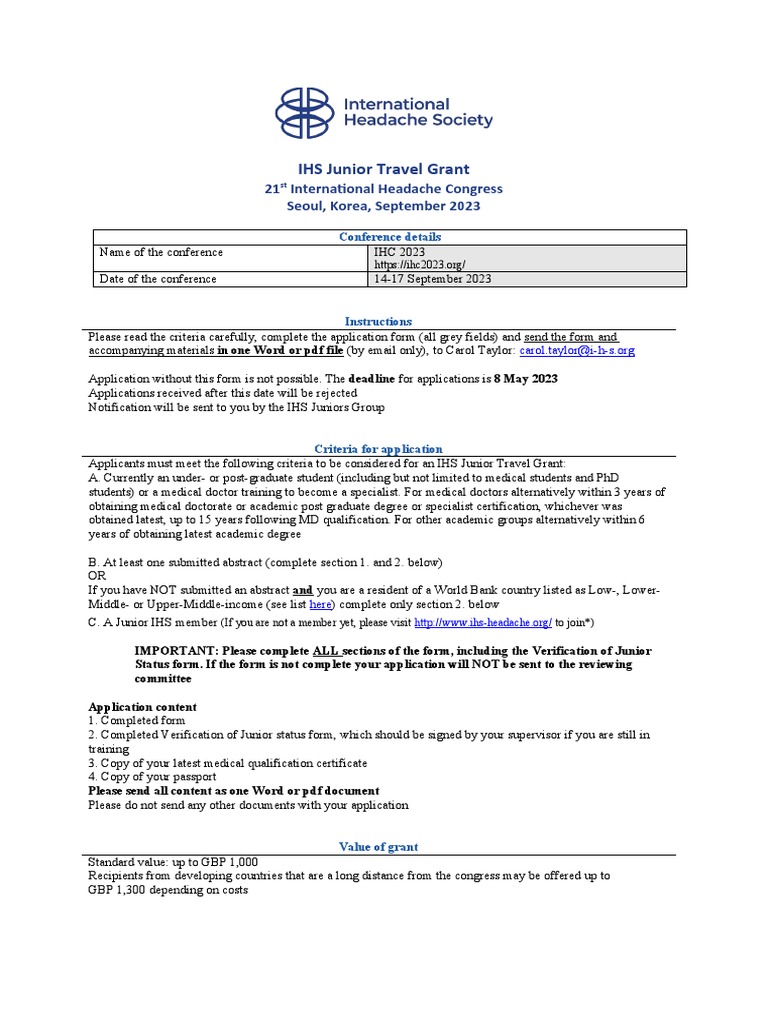 Travel Grant Application Form IHC 2023 | PDF | Doctor Of Medicine ...