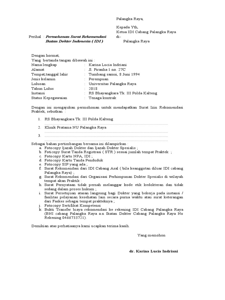 PERMOHONAN SURAT REKOMENDASI IDI Karina | PDF PERMOHONAN SURAT REKOMENDASI IDI Karina | PDF