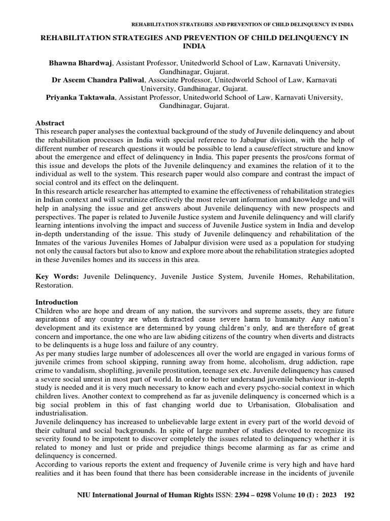 Rehabilitation Strategies and Prevention of Child Delinquency in India ...