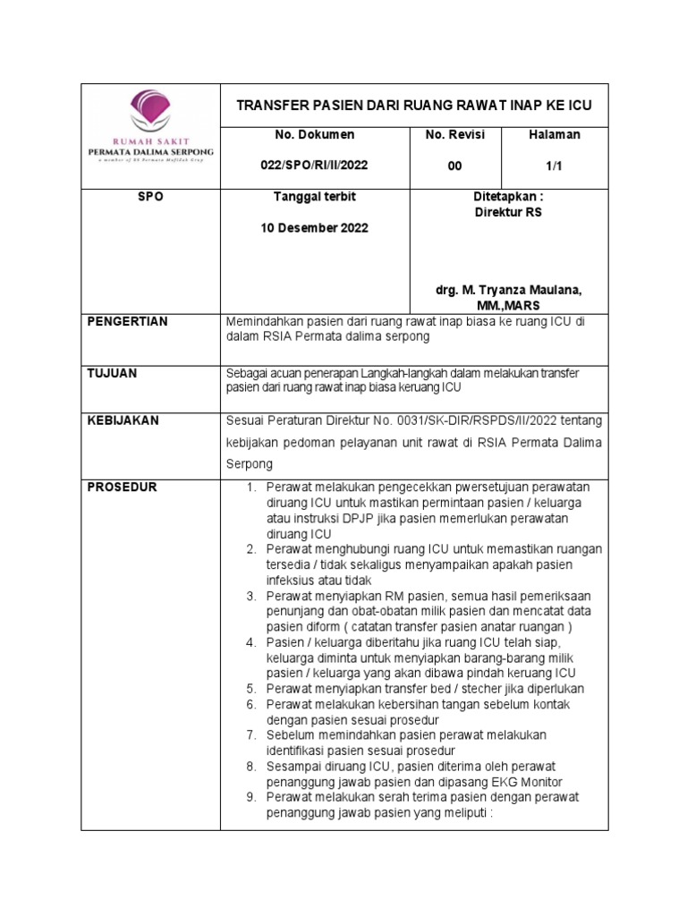Prosedur Transfer Pasien ke ICU | PDF