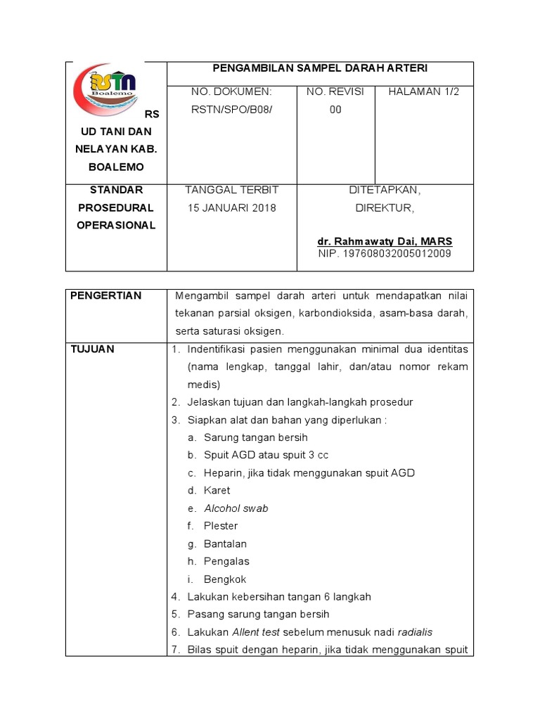 Sop Pengambilan Sampel Darah Arteri Revisi | PDF
