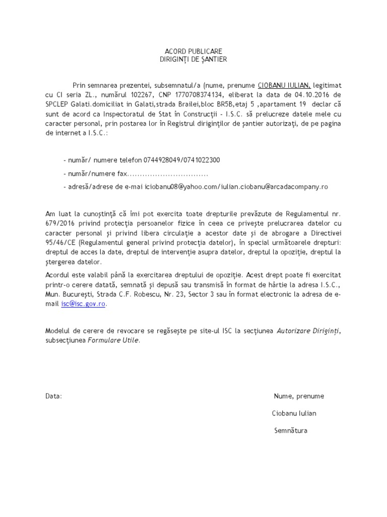 ACORD PUBLICARE DIRIGINTI DE SANTIER - Modificat | PDF