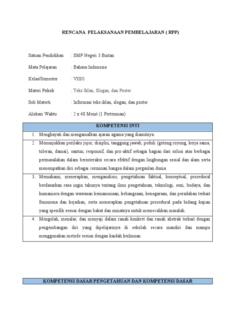 RPP Teks Iklan, Slogan Dan Poster Kelas VIII SMP | PDF