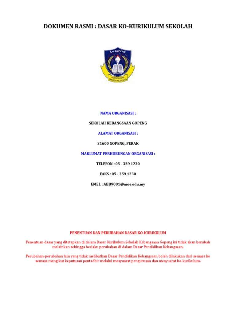 Dokumen Rasmi Dasar Kokurikulum SKGJI 2023 2024 | PDF