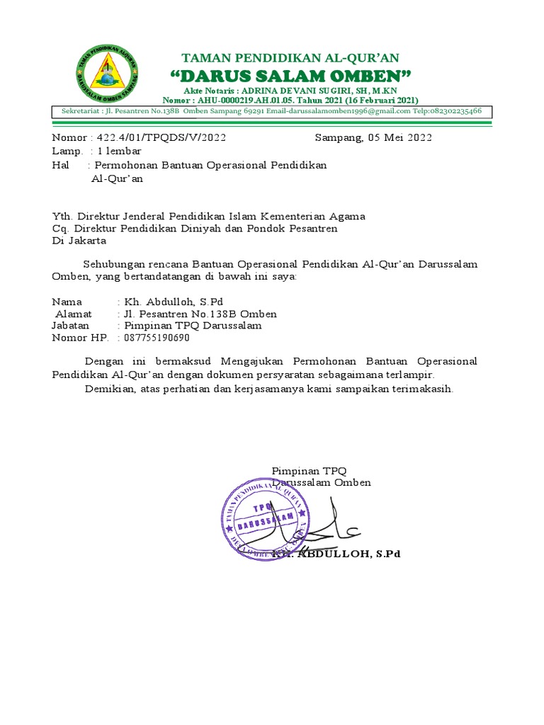 Permohonan BOP TPQ Darussalam 2022 | PDF