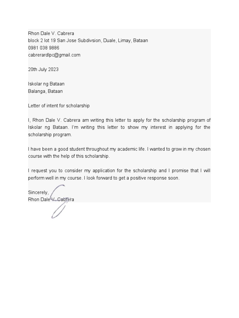 Letter of Intent for Iskolar ng Bataan | PDF