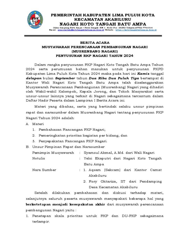 Berita Acara Musrenbang RKP Nagari Tahun 2024 | PDF