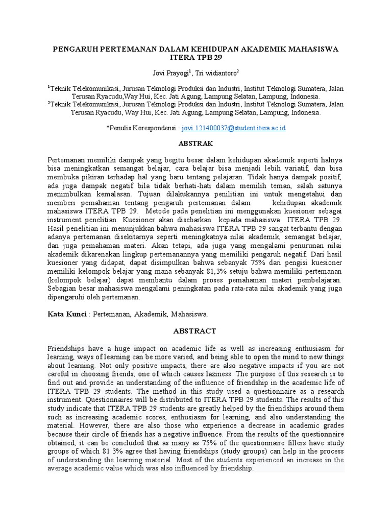 Pengaruh Pertemanan Dalam Kehidupan Akademik Mahasiswa Itera TPB 29 | PDF
