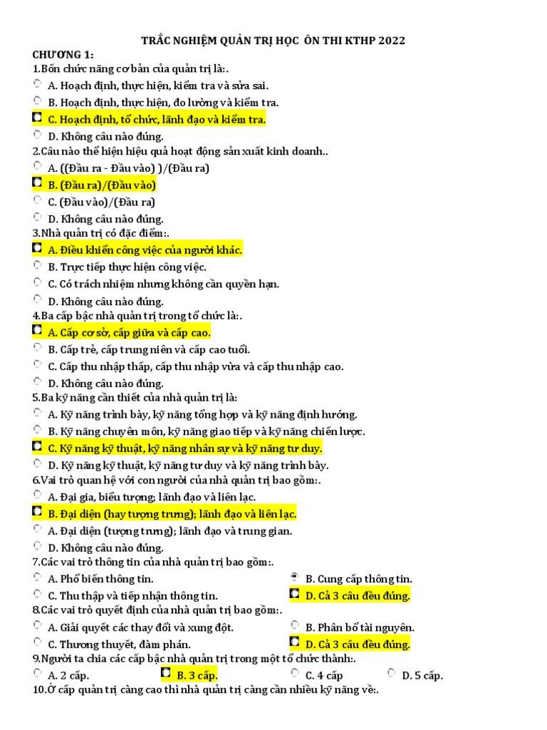 Trắc Nghiệm Quản Trị Học Ôn Thi Kthp 2022 Chương 1 | PDF