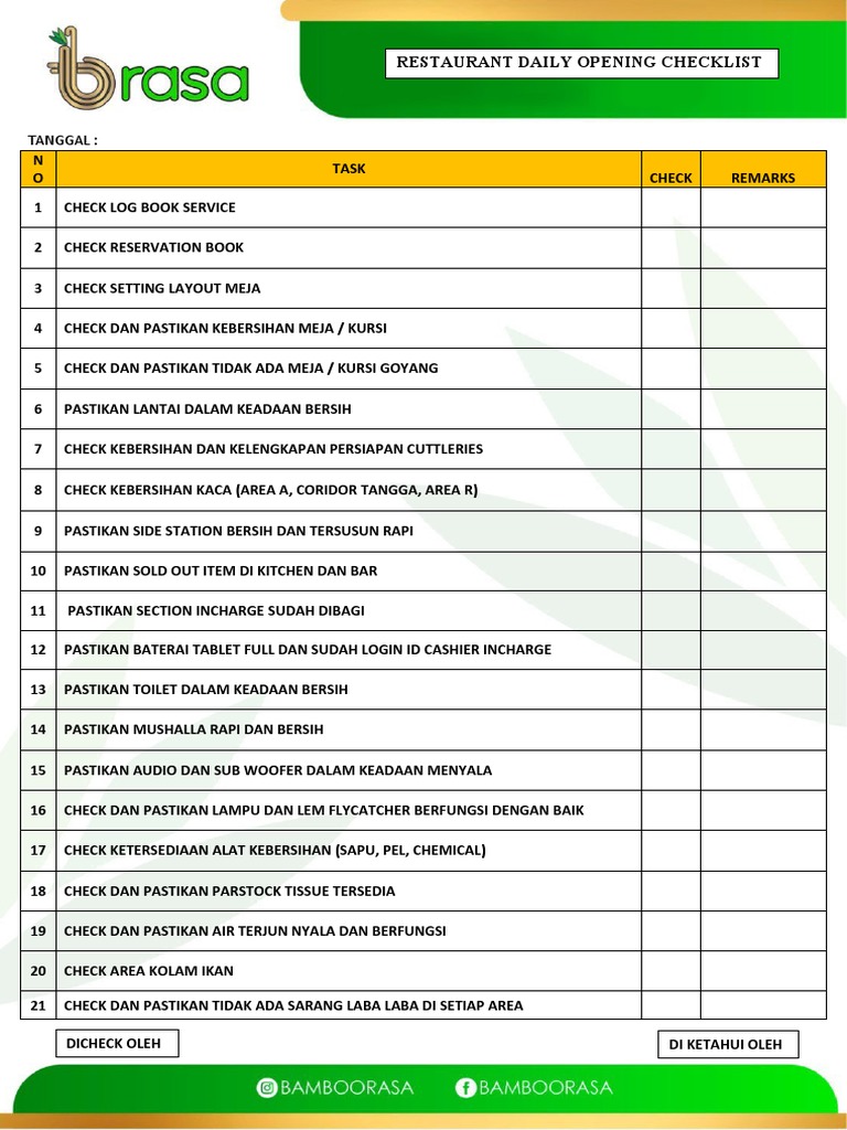 Form Daily Opening Checklist | PDF