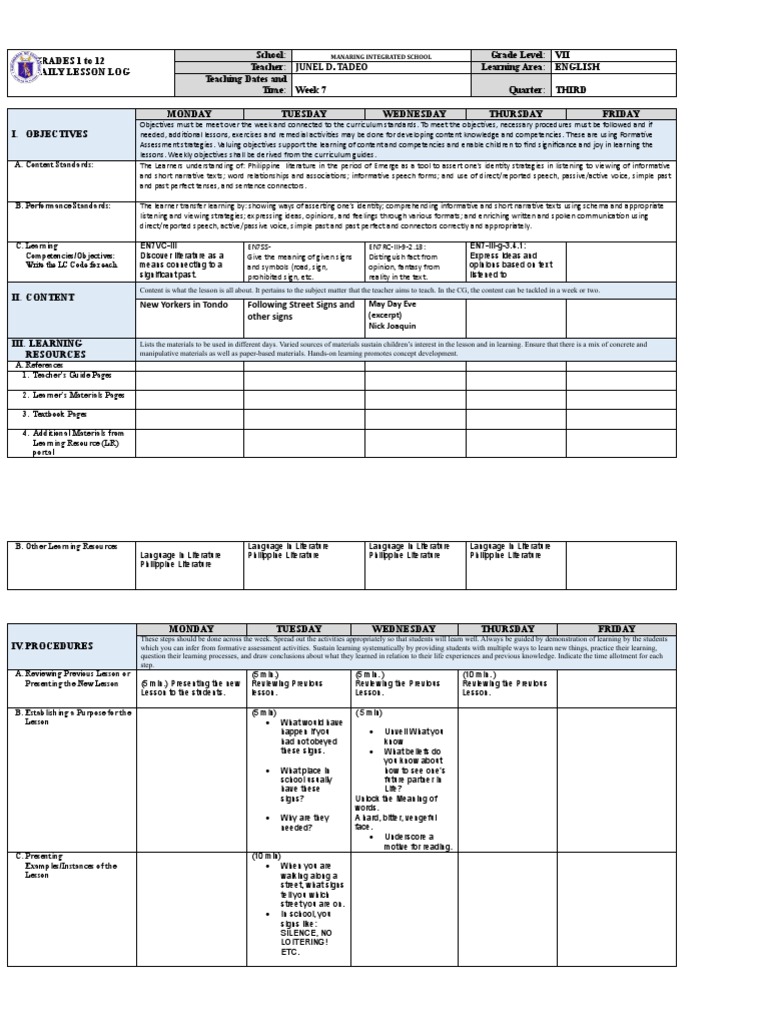 DLL - 3rd QRTR Week7 | PDF | Learning | Teachers