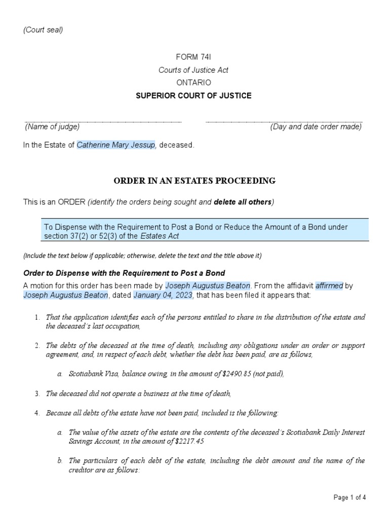 Draft Order To Dispense With The Requirement To Post Bond | PDF | Law