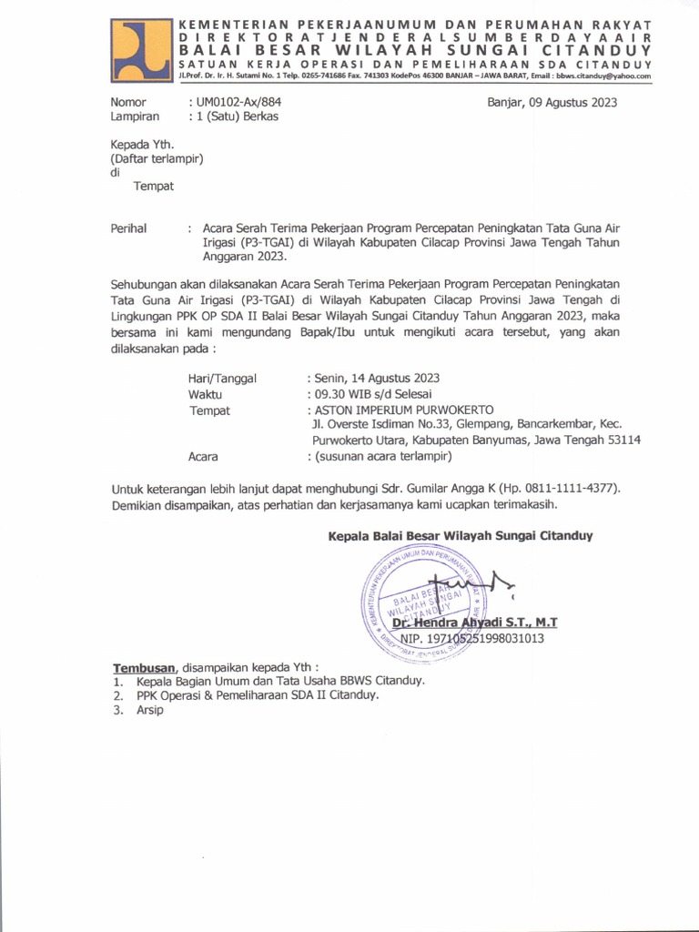 Surat Undangan Kegiatan Acara Serah Terima Pekerjaan P3TGAI Wil. Kab Cilacap 2023 | PDF