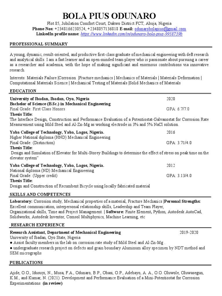 Curriculum Vitae - Bola Pius Odunaro | PDF