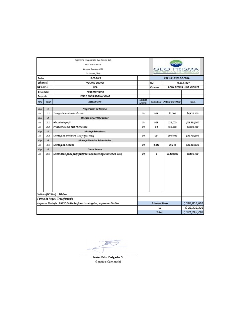 Cotización Montaje Mecánico PMGD Doña Regina - Geo Prisma | PDF