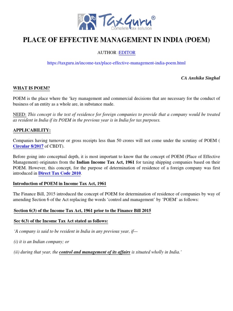 Place of Effective Management in India (POEM) - Taxguru - in | PDF