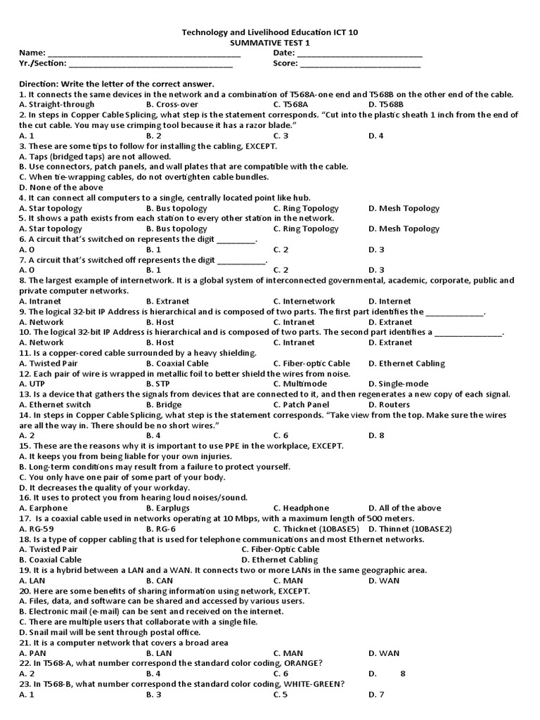 ICT 10 Technology and Livelihood Test | PDF