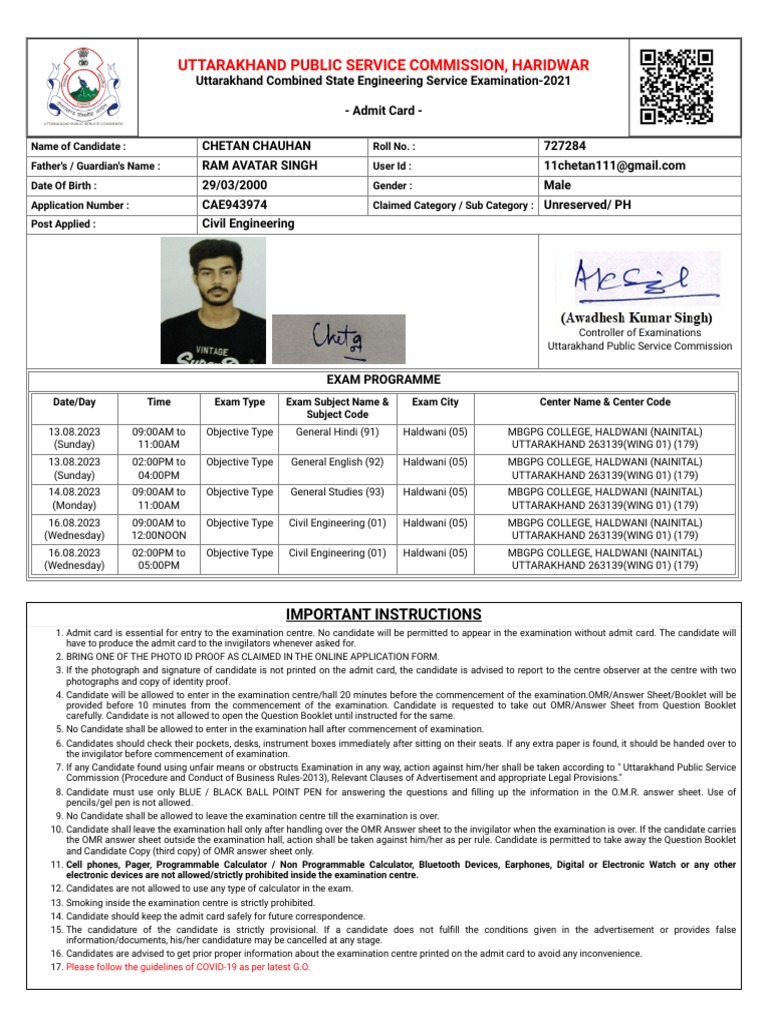 Ukpsc Ae 2023 Admit Card | PDF