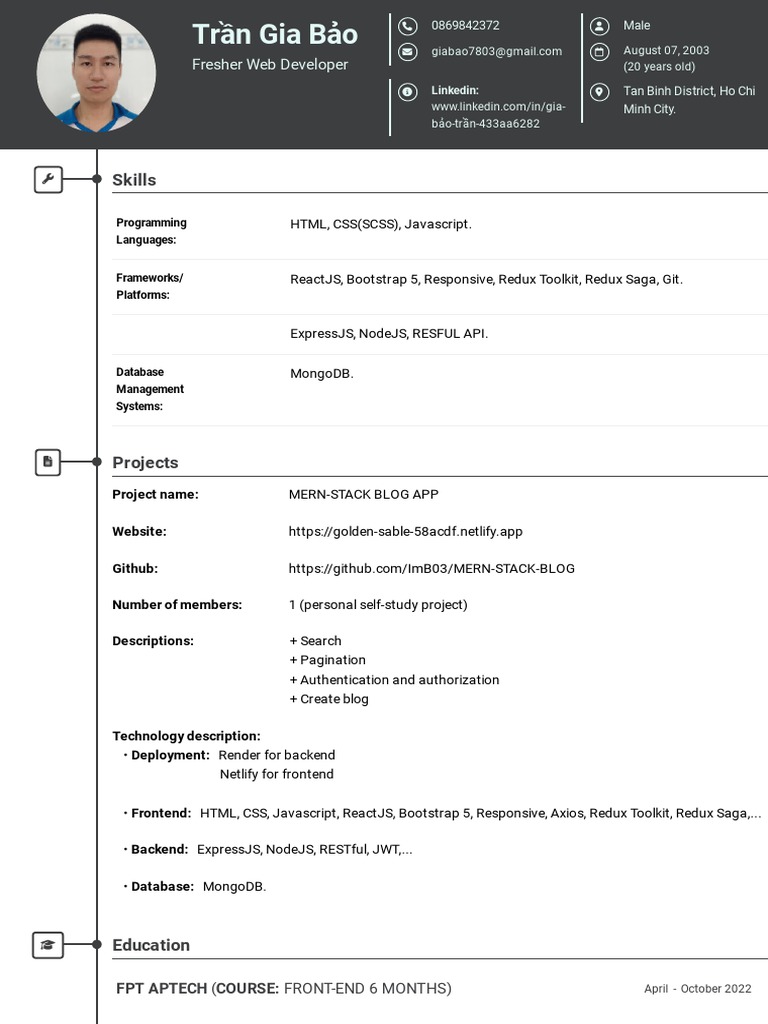 CV Tran Gia Bao Fresher Web (Ban English) | PDF