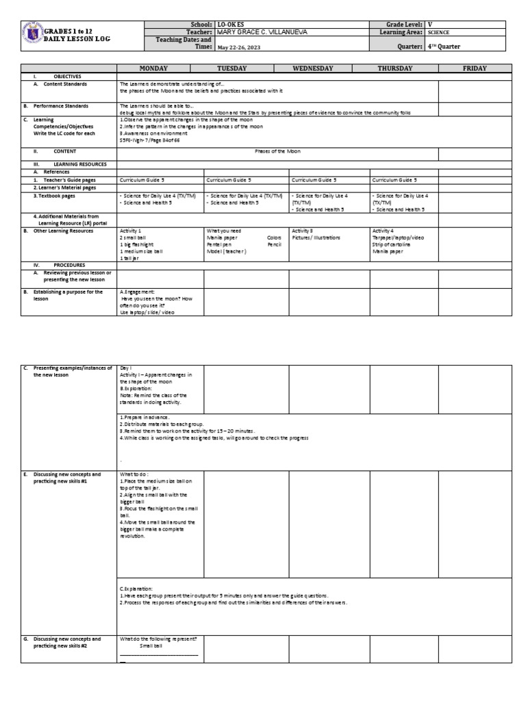 Grade 5 DLL SCIENCE 5 Q4 Week 7 | PDF | Learning | Cognition