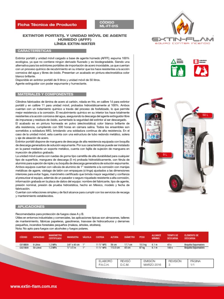 Ficha Tecnica Extintor Portatil Extin-Water Afff 9 L | PDF | Acero | Revestimiento