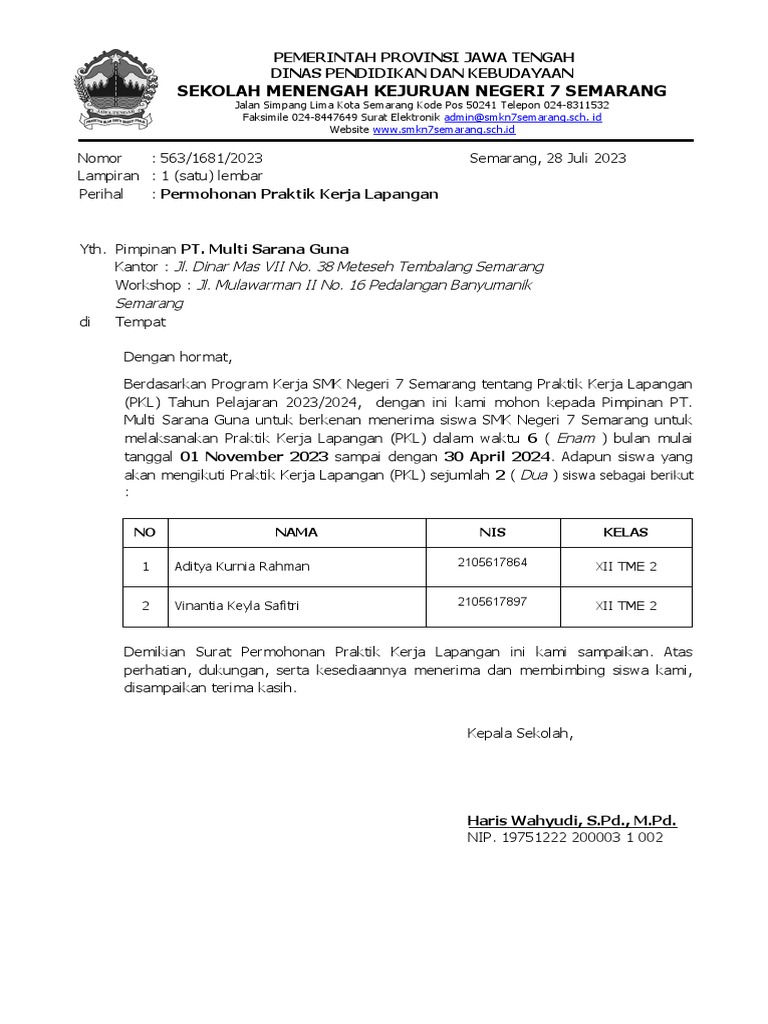 PERMOHONAN PKL - 1681 - PT. Multi Sarana Guna | PDF