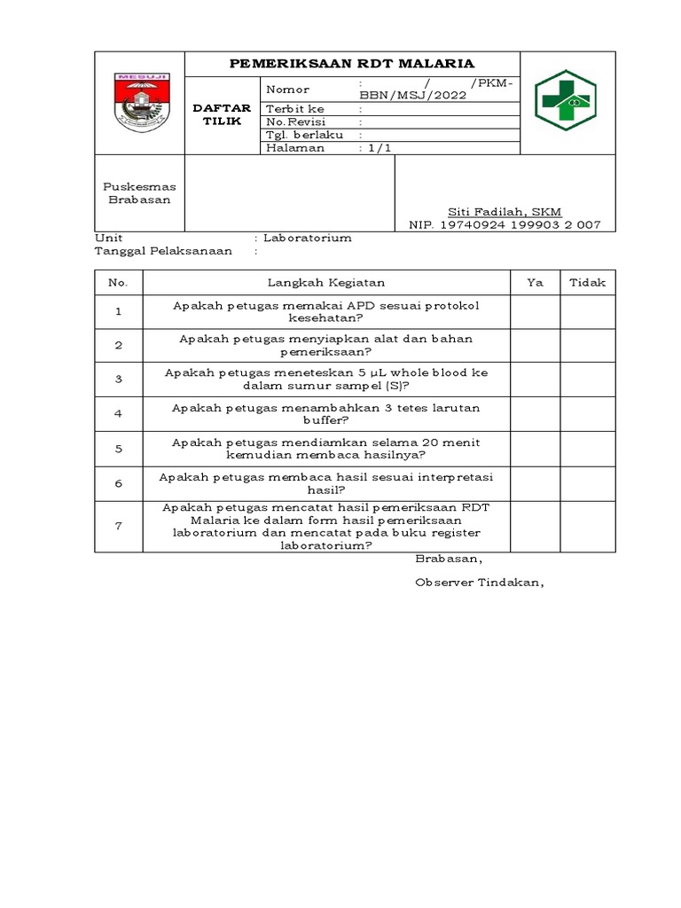 Daftar Tilik PX RDT Malaria | PDF | Kesehatan Holistik | Sains & Matematika