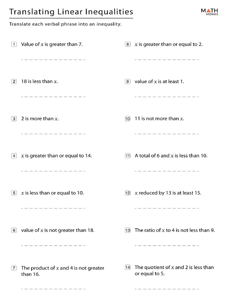 Translating Linear Inequalities Worksheet | PDF