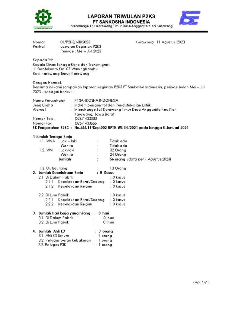 Laporan P2K3 PT Sankosha Mei-Juli 2023 | PDF