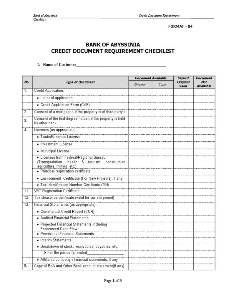 Abyssinia Bank Credit Document Checklist | PDF