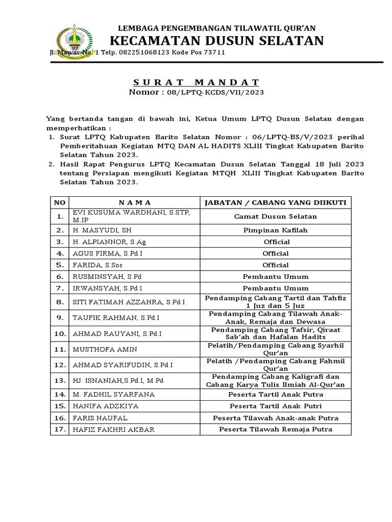 Surat Mandat Kafilah MTQ 2023-2 | PDF