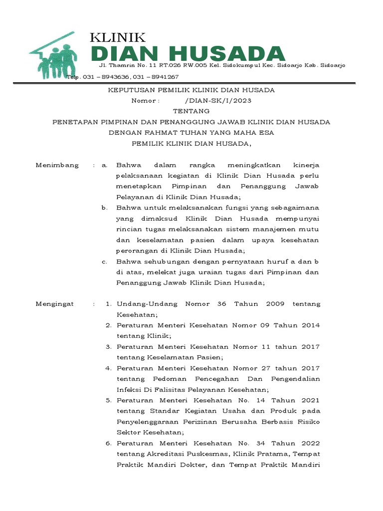 TKK 1 Ep 1 SK Pimpinan Dan Penanggung Jawab Klinik | PDF