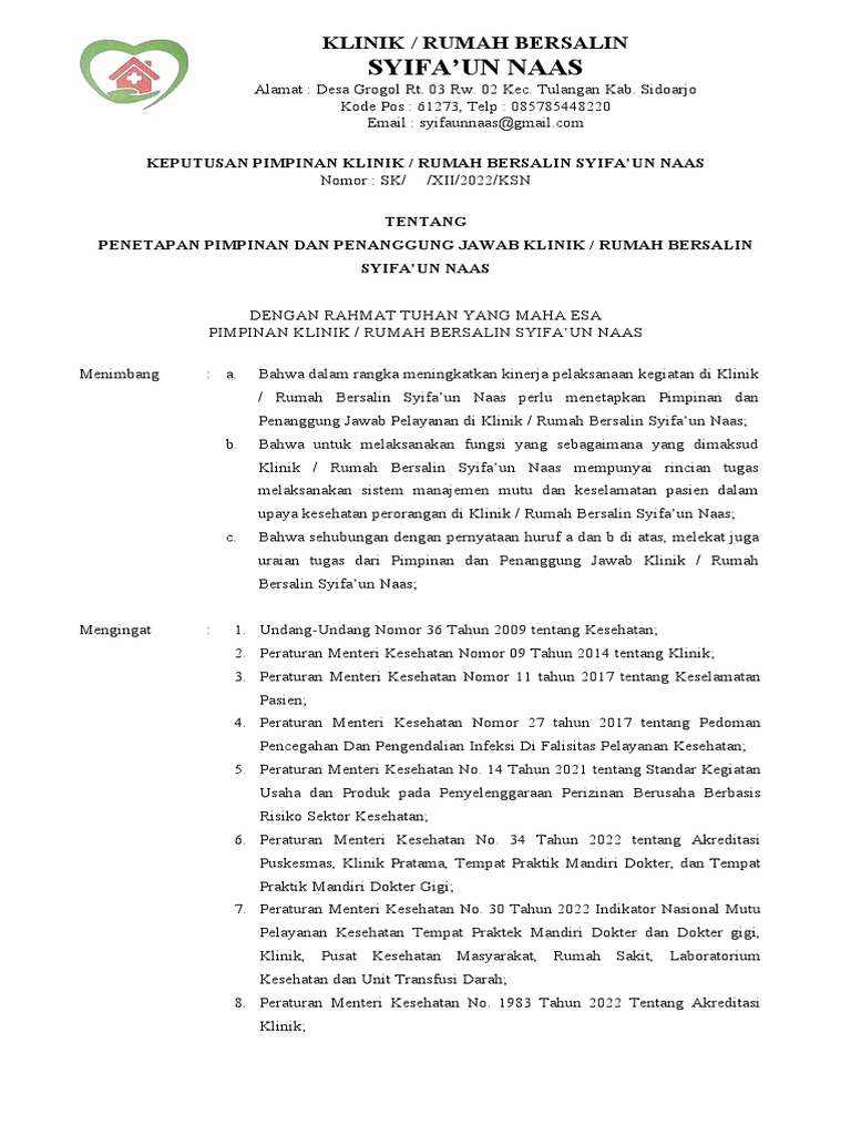 TKK 1 Ep 1 SK Pimpinan Dan Penanggung Jawab Klinik | PDF