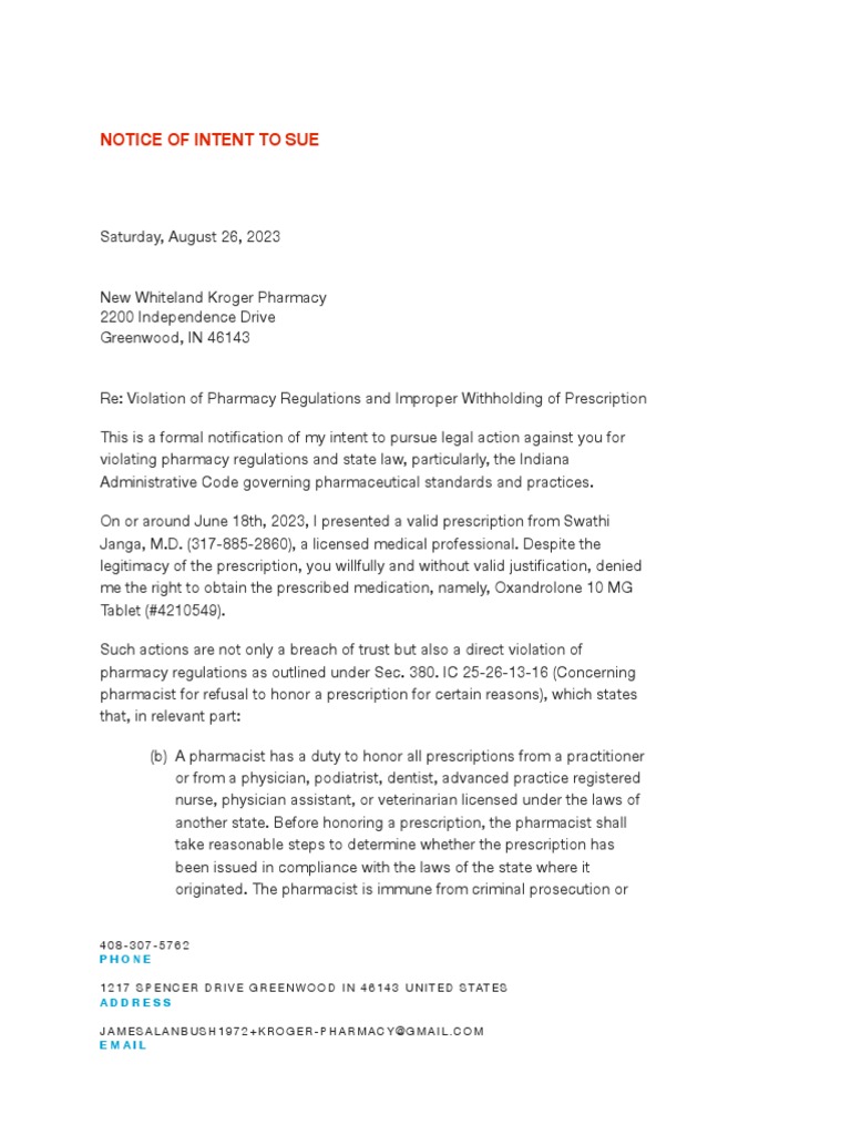 Notice of Intent to Sue Kroger Pharmacy | PDF | Medical Prescription ...