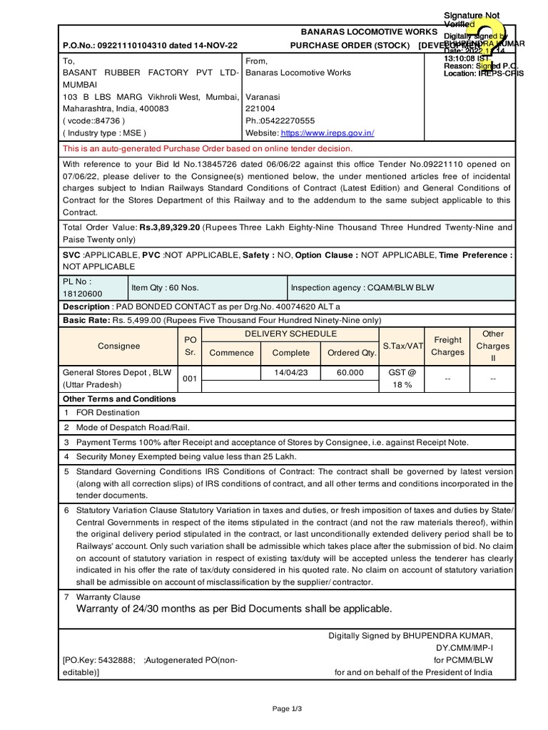 Purchase Order for Rubber Pads | PDF