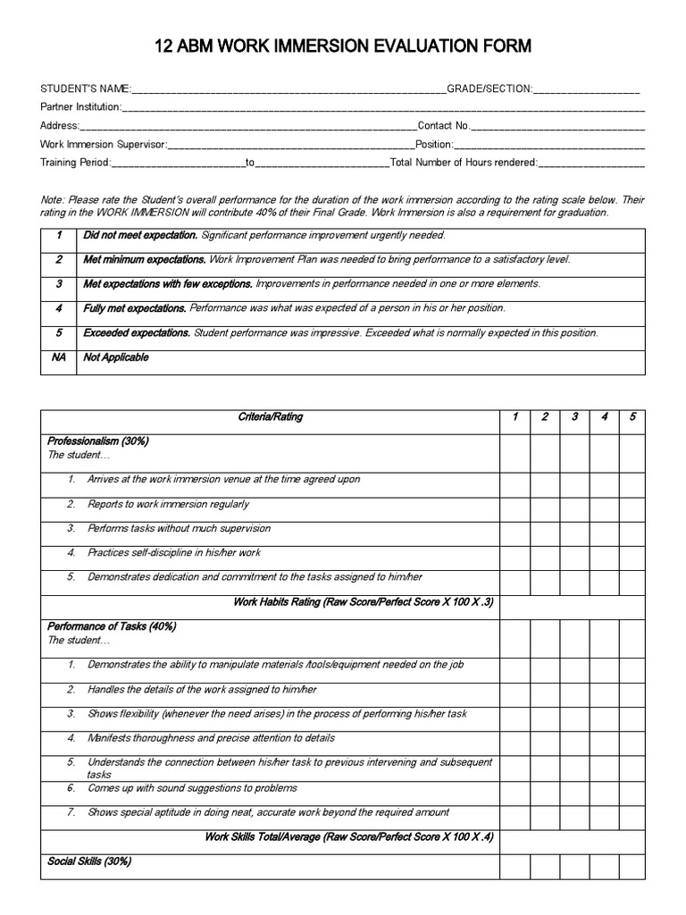 12 Abm Work Immersion Evaluation Form | PDF | Cognitive Psychology ...