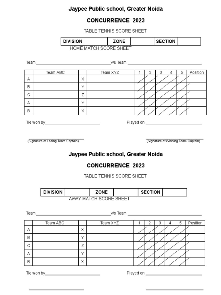 Table Tennis Score Sheet Template | PDF