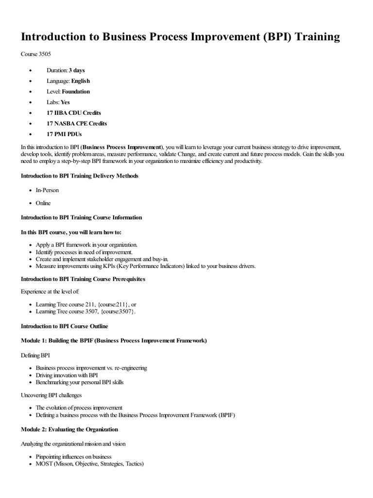 Introduction To Business Process Improvement Bpi Training | PDF